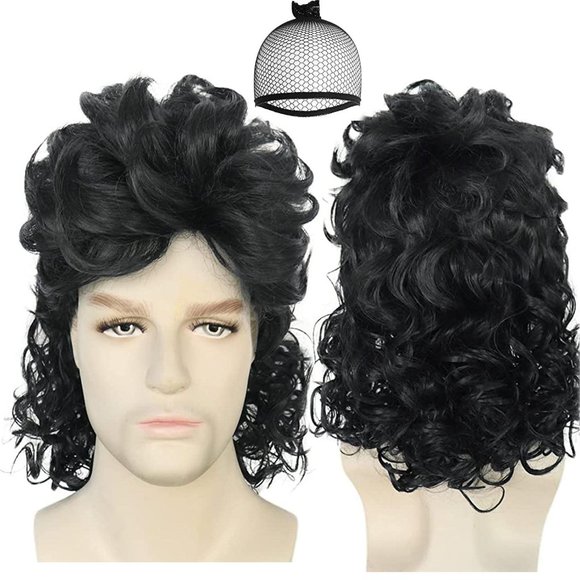 Accessories | Men Black Short Synthetic Hair Cap Curly Mullet Wig ...